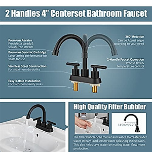 Aolemi 4 Inch Bathroom Faucet 2 Handle Centerset Lavatory Sink Faucet Swivel Spout Deck Mount 2 Hole Stainless Steel Basin Mixer Tap with Pop-up Drain with Overflow Matte Black