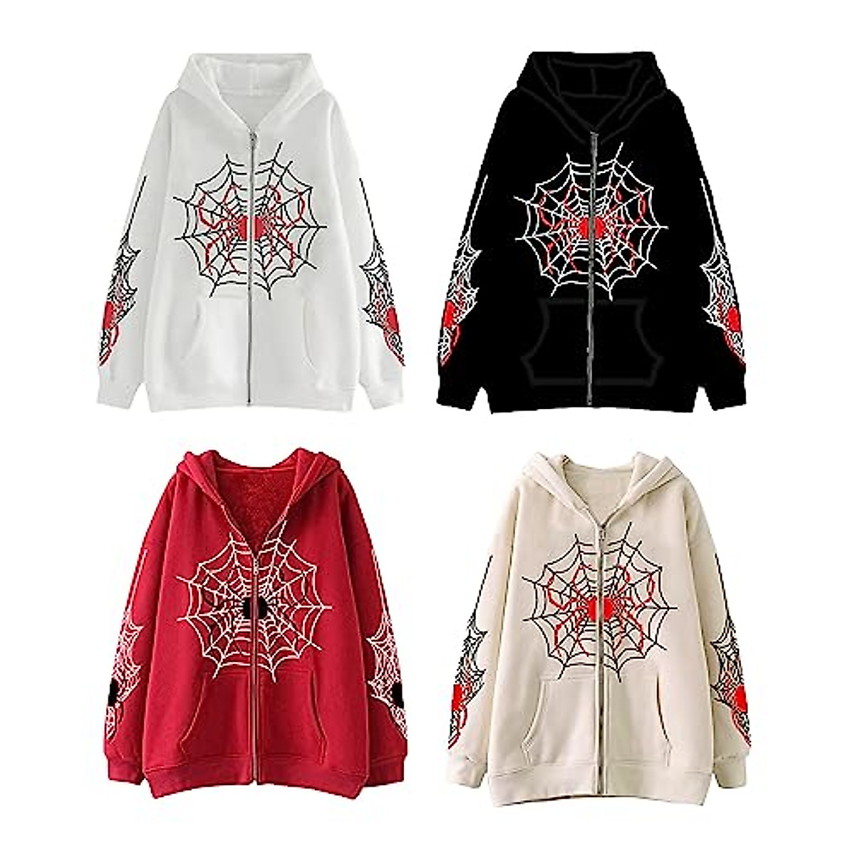 Amiblvowa Women Men Hip-hop Zip Up Hoodie Y2K Vintage Grunge Jacket Spider Graphic Oversized Sweatshirt Coat 2023 Harajuku Clothes (C-Red, S)