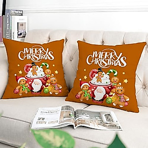 Christmas Gingerbread Man Throw Pillow Cover Candy Cane Santa Christmas Balls Holiday Brown Linen Decorations Pack of 2 Euro Patterned Bed Outdoor Patio Office Porch Cozy Pillow Covers 16x16inch