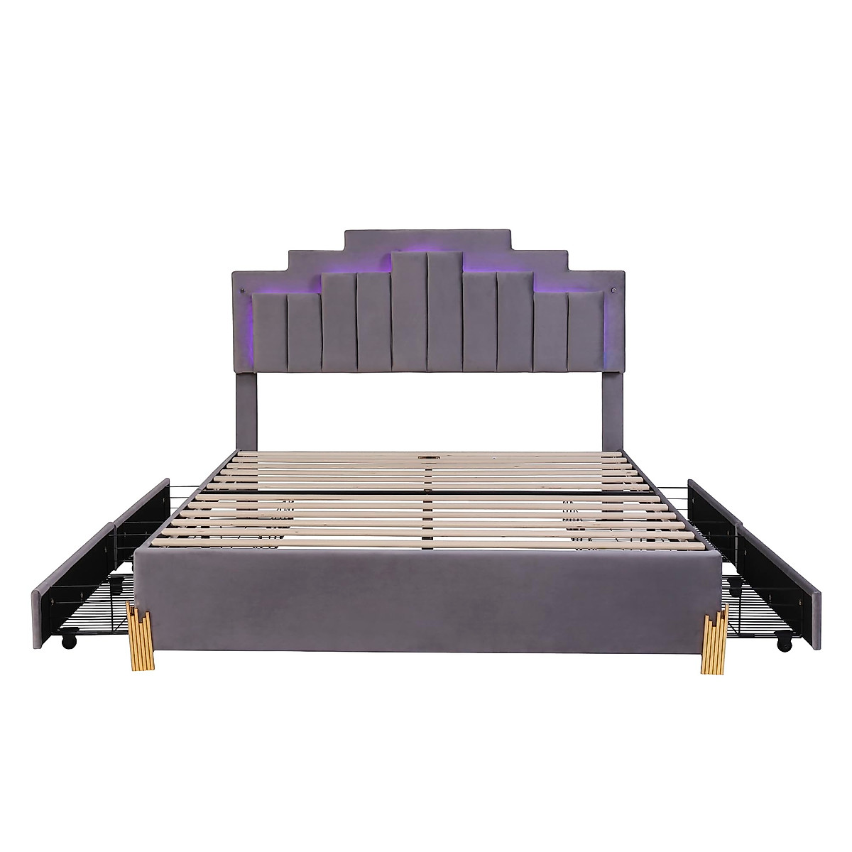 JIVOIT Queen Size Upholstered Platform Bed with 4 Drawers, Modern LED Light Platform Bed Frame, Stylish Irregular Metal Bed Legs Design, Upholstered Storage Bed for Kids Teens (Gray,Queen,Metal Legs)