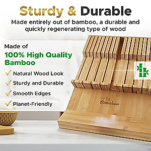 Kitchenero Knife Holder Extra Large 16.85x12.17" with Knife Sharpener Slot Premium Bamboo In-Drawer Knife Organizer Durable and Sustainable Updated Design Fits Most Standard Drawers