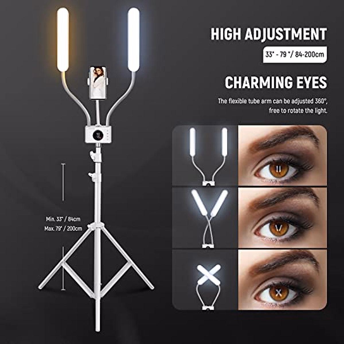 NEEWER Esthetician Light with Phone Holder & Travel Bag Kit, Support 2.4G/PC/MAC Control & Separate Control of 2 LED Light Heads, CRI98+ Bi Color Stepless Dimmable Tattoo Lighting Lash Lamp, BH40B