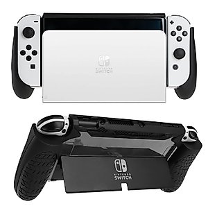 Ermorgen Dockable Case Compatible for Switch OLED Model 2021, Upgraded Protective Cover with Comfort TPU Long Grip (Excellent Touch) Shockproof Shell for Console and Joy-Con Controller -Black