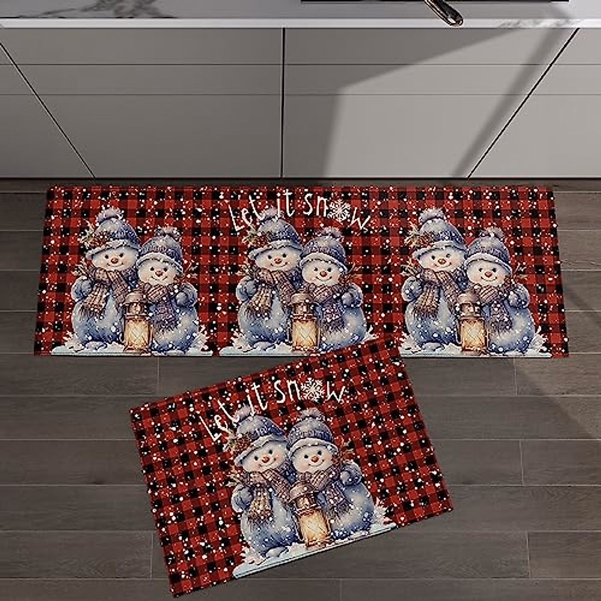 Christmas 2Pcs Kitchen Rugs, Anti Fatigue Kitchen Mat Non Slip Rug Runner Comfort Standing Floor Mats Kitchen Carpet Set for Sink, Laundry - Christmas Cartoon Snowman Red Black Plaid