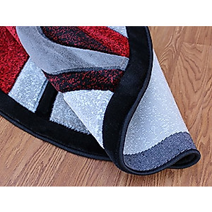 Masada Rugs, Sophia Collection Hand Carved Area Rug Modern Contemporary Red Grey White Black (5 Feet 3 Inch X 5 Feet 3 Inch) Round