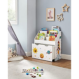 SONGMICS Kids Bookshelf, Toy Organizer & Kids’ Bookcase, Book Organizer, with Anti-Tip Kit, Storage Shelf for Children's Room, Playroom, School, Space-Saving Design, White, Blue and Gray UGKR72WT