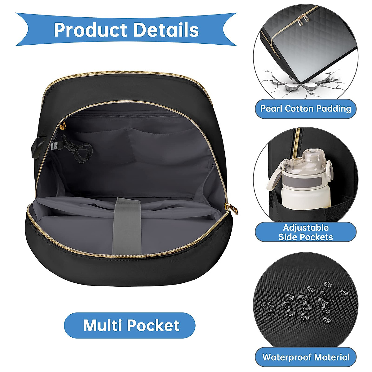 VSNOON Laptop Backpack Women, 15.6 Inch College School Bookbag, Water Resistant Travel Work Backpack with USB Charging Port, Large Capacity Teacher Nurse Bags Casual Daypacks for School College, Black