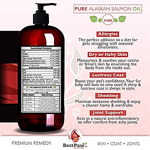 Pure Wild Alaskan Salmon Oil for Dogs & Cats Skin and Coat - Fish Oil Liquid with Pump - Supports Joint Function, Immune & Heart Health - Omega 3 Liquid Food Supplement - All Natural EPA + DHA - 32oz