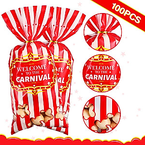 Carnival Candy Bags Circus Plastic Bags Carnival Party Treat Bags Popcorn Pattern Party Bags Goody Bags with 100 Gold Twisted Ties for Party Favor Supply Cookie Cupcake Wrapping(Simple,100 Packs)