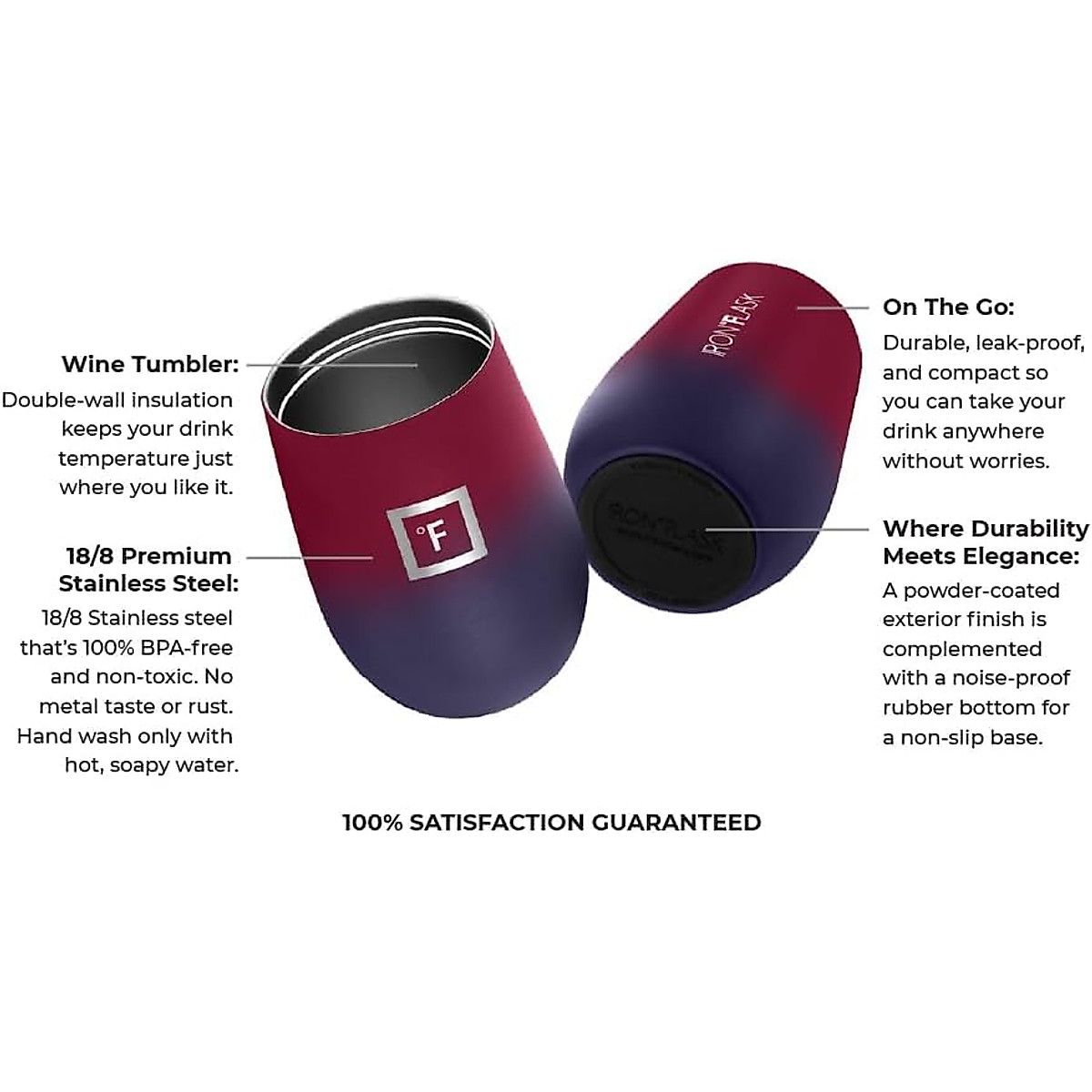 IRON °FLASK Insulated Wine Tumbler with Lid w/Leak-Proof Lid - Keeps Drinks Hot & Cold w/Double Walled, Vacuum Stainless Steel Exterior - Travel Cup - Midnight Black, 14 Oz, 2 pack