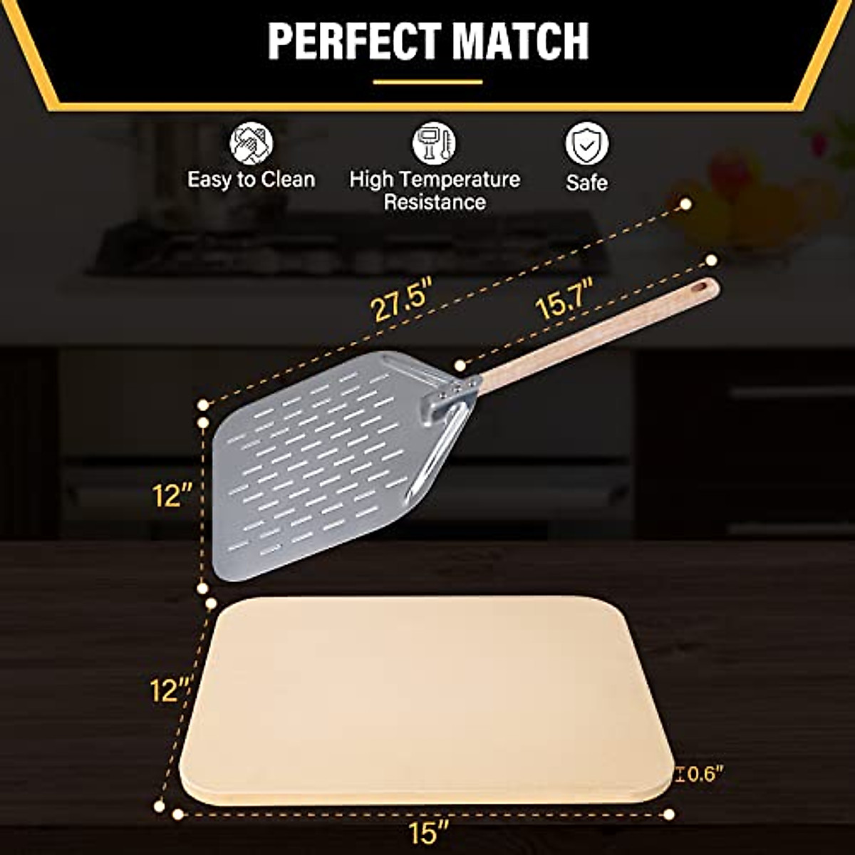 YAKSHA Pizza Stone for Oven and Grill 15" x 12" Large Pizza Grilling Stone and Peel Set with Pizza Cutter Wheel for BBQ, Rectangular Baking Stone for Crisp Bottoms Pies Pastry Bread Calzone