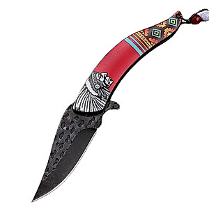 Labstandard American Indian Style Pocket Folding Knife with 3.5”Stainless Steel blade and Acrylic and Steel Handle with liner-lock and knife tail (black)