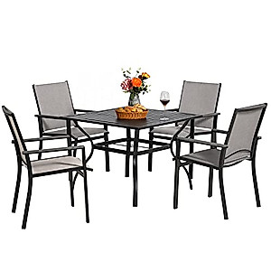 MEOOEM Patio Dining Set 5 Pieces Outdoor Metal Furniture Set, 4 x Textilene Chairs with 37 INCH Rectangular Umbrella Table for Outdoor Garden Backyard