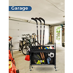 StorageWorks 110L Garden Tool Organizer, Multipurpose Garden Organizer for Yard Tool, Rolling Sports Equipment Organizer, Mop and Broom Rack, Garage Storage with Wheels, Black, 1 pack