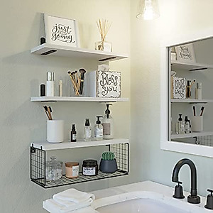 WOPITUES Bathroom Shelves Over Toilet, Floating Wall Mounted with Wire Basket, Wood Floating Shelf for Wall Décor, Bathroom Wall Décor Shelves–White