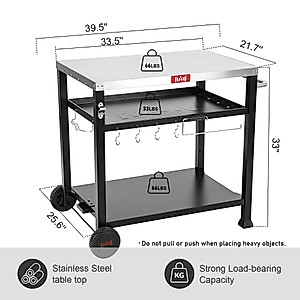 Feasto Three-Shelf Movable Food Prep and Work Cart Table, Home and Outdoor Multifunctional Stainless Steel Table Top Worktable on Two Wheels, L39.5''x W25.6''x H33'', Cover Included