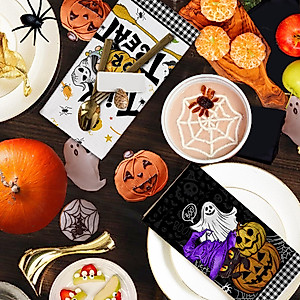 Unibyby Halloween Kitchen Towels, Halloween Pumpkin Towels Set of 2, Trick or Treat Dish Towels for Kitchen with Black Cat and Ghost Buffalo Plaid Decorations for Home, 18x28 Inches