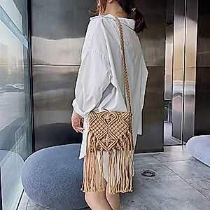 Nice Pies Women's Beach Straw Handbag Woven Tote Fishing Net Beach Bag Large Capacity Mesh Rope Combination Handbag (Khaki)