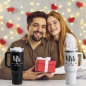 Qtencas Mr and Mrs Gifts, Mr and Mrs EST 2025 Stainless Steel Travel Tumblers Set, Engagement Wedding Gifts, 40 oz 2025 Travel Mug for Couples Newlyweds, Bridal Shower Anniversary Cups（Black & White）