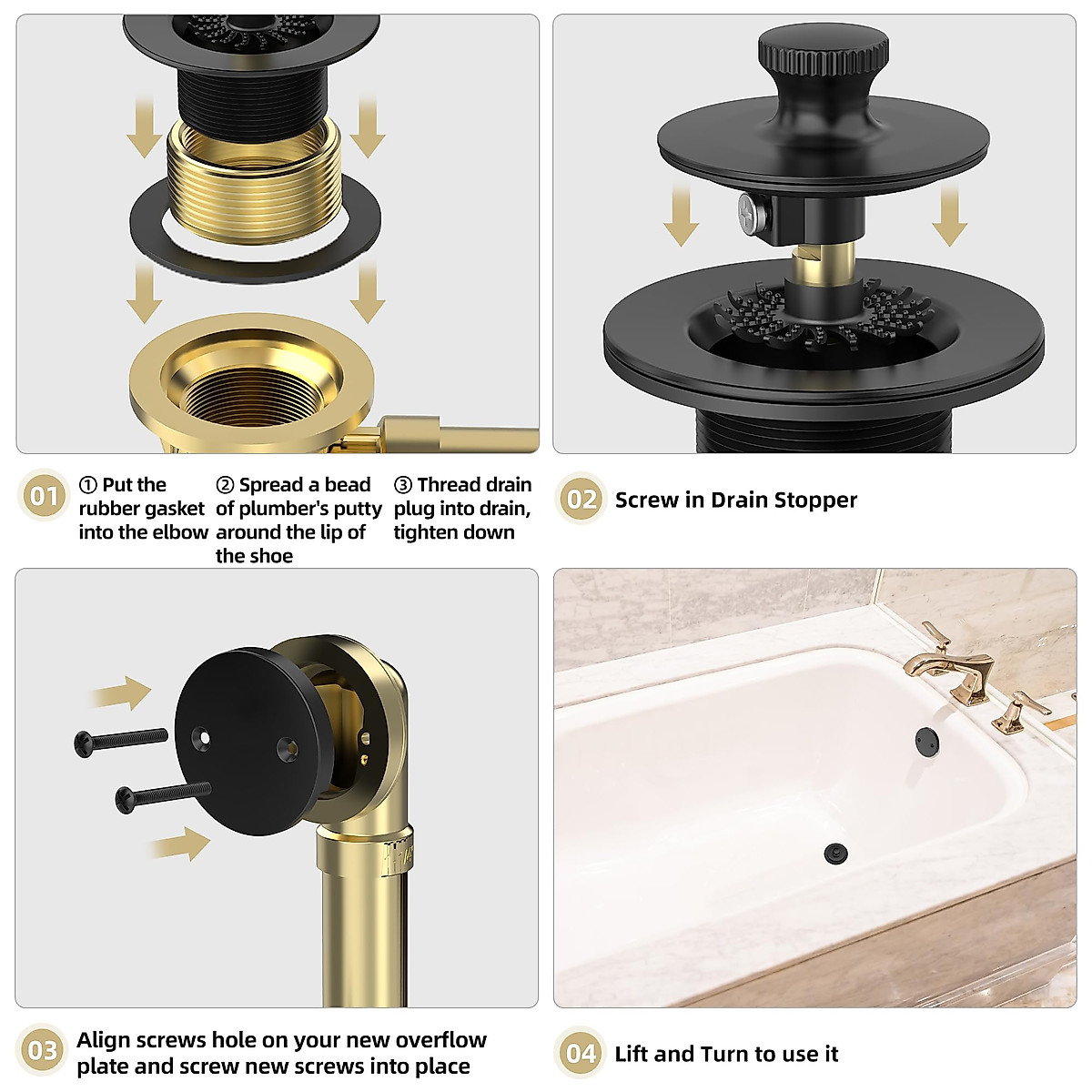 Sogmeter Matte Black Bathtub Drain, Hair Catcher and 2-Hole Overflow Faceplate, 11.5/16 UNC, Lift and Turn Bathtub Drain Replacement, Tub Drain Stopper