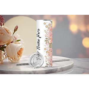 Personalized Flowered Skinny Tumbler 20Oz, Stainless Steel with lid, Straw, Brush and Non-Slip Base. Keep Drinks Hot or Cold. Use like Water Bottle, Coffee Mug, Travel Mug, Wine Cup. (Glitter Orange)