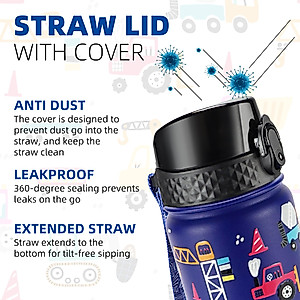 Fanhaw 14 Oz Kids Insulated Stainless Steel Water Bottle with Straw Lid - Leak & Sweat Proof with Anti-Dust Lid (Blue - Under Construction)