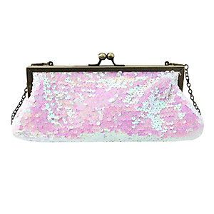 Felice Ann Glitter Mermaid Kissing Lock Sequin Evening Clutch Prom Party Handbag Chain Strap Crossbody Bag White