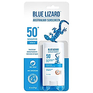 BLUE LIZARD Sensitive Mineral Sunscreen Stick with Zinc Oxide, SPF 50+, Water Resistant, UVA UVB Protection Easy to Apply, Fragrance Free, 0.5 Oz
