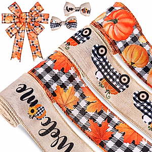 Whaline 30 Yard Fall Thanksgiving Wired Edge Ribbon White Black Buffalo Plaids Ribbon Autumn Leaves Pumpkin Truck Craft Ribbon Rustic Vintage Farmhouse Wrapping Ribbon for Wreath Floral Bow, 4 Rolls