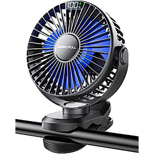 SWEETFULL Portable Clip on Fan - Battery Operated Stroller Fan, 4000mAh Small Rechargeable Fan with LED Display, 4 Speeds, Mini Personal Cooling Desk Fan for Golf Cart Travel Camping Gym (Black)