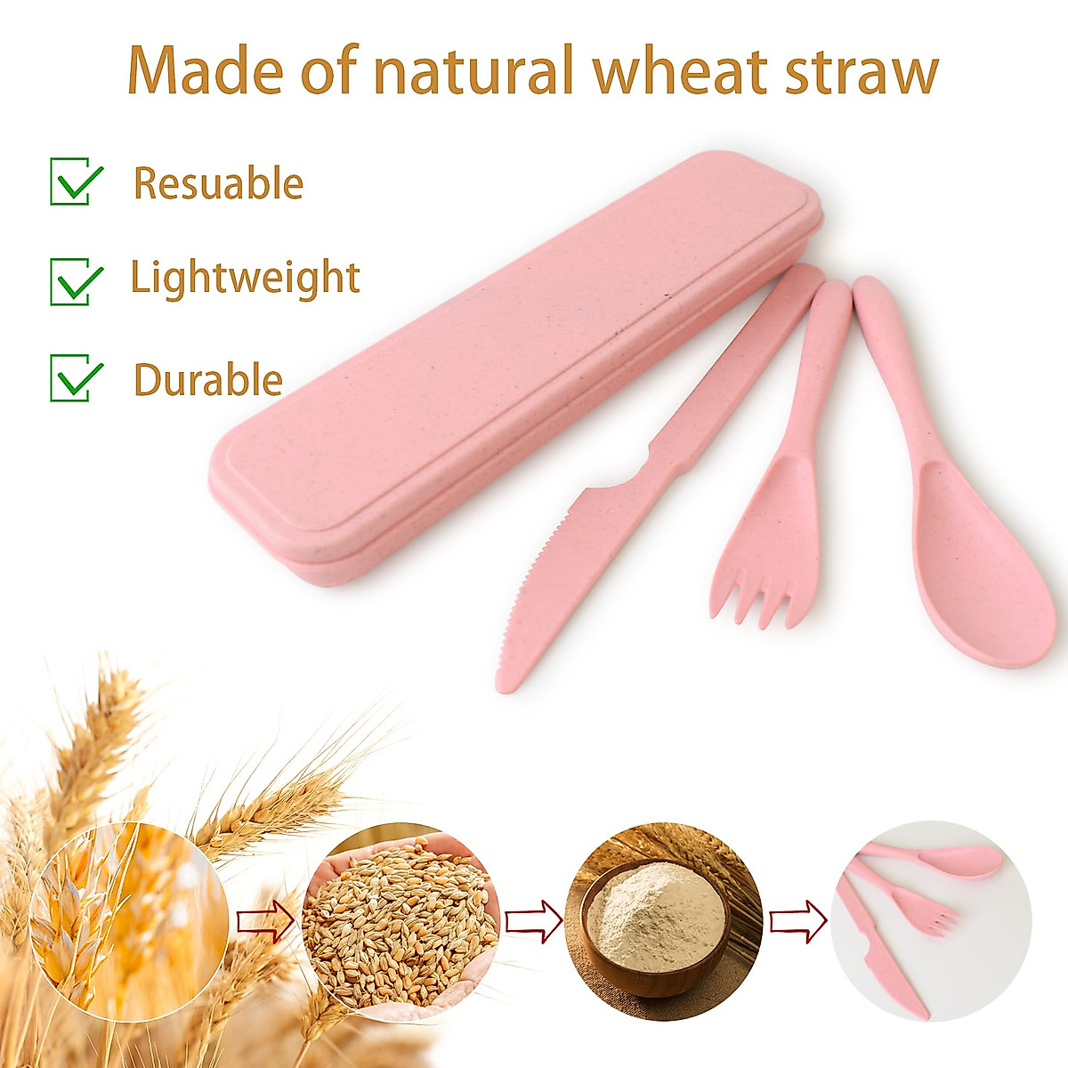 4Pcs Travel Utensils with Case, Wheat Straw Reusable Utensils Set with Case, Portable Travel Cutlery Set for Picnic Camping Daily Use