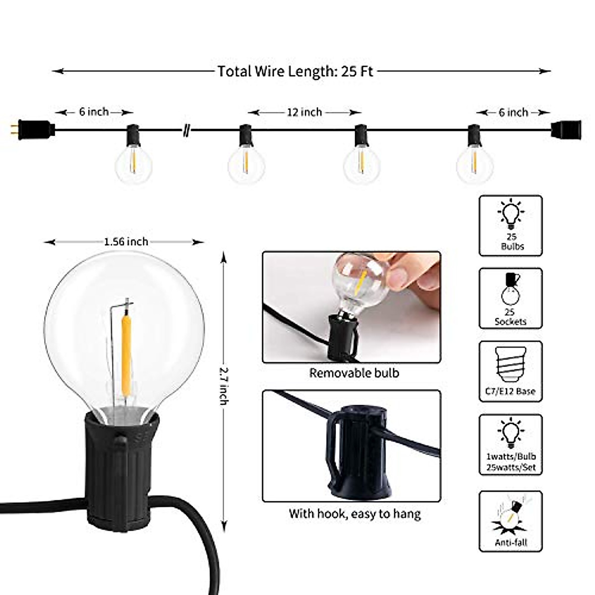 LED Globe String Lights Outdoor G40 25Feet with 27 LED Shatterproof Clear Globe Bulbs (2 Spare), Warm White Connectable Patio Lights for Backyard Garden Pergola Tents Gazebo Party Decor,Black Wire