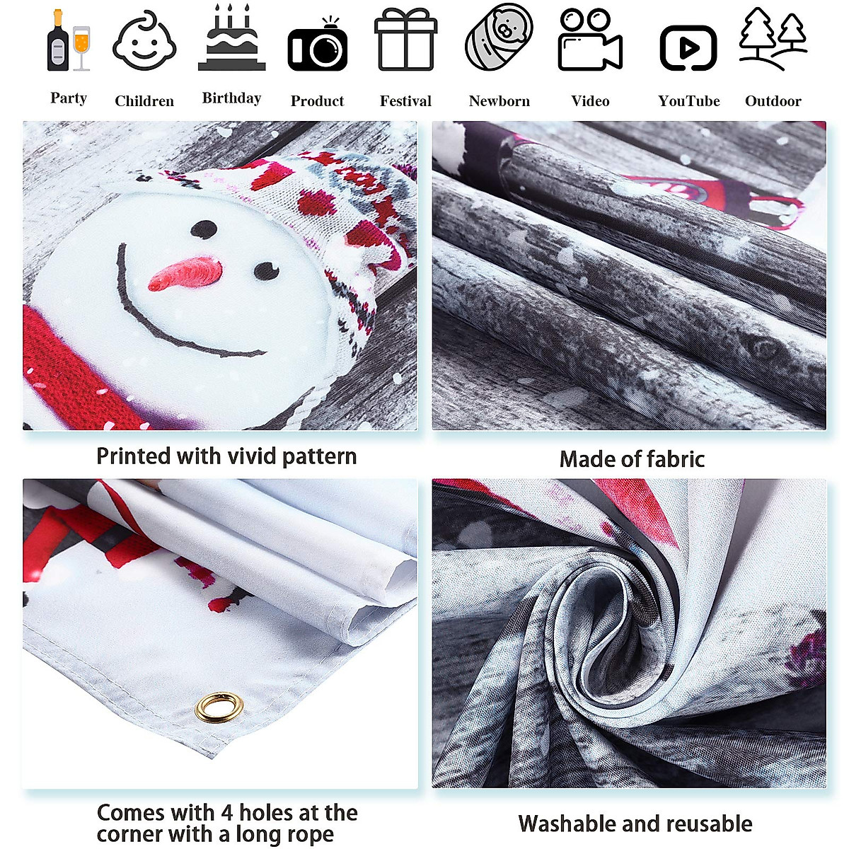 Fabric Wood Winter Snowman Backdrop for Photography - Merry Christmas New Year Party Photography Props, 72.8 x 43.3 Inch