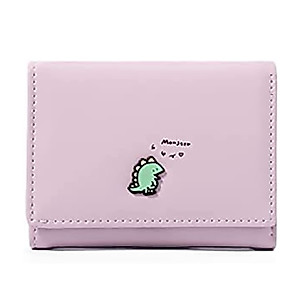 YaJaMa Cute Dinosaur Metal Badge Women Wallet PU Leather Small Slim Trifold Girls Credit Card Case Holder Organizer Purse with ID Window (Purple)