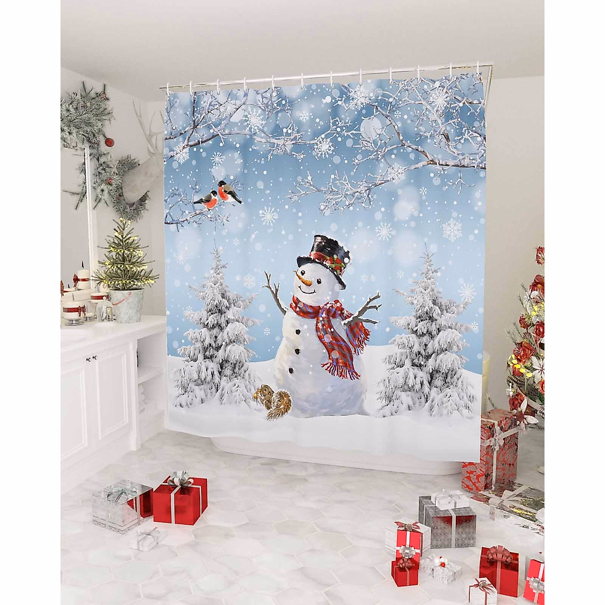 BEMIGO Christmas Tree Snowman Shower Curtains for Bathroom, Xmas Tree Farmhouse Fabric Waterproof Shower Curtain Set with Hooks, Christmas Vacation Decorations Bathroom Accessories 72x72inch