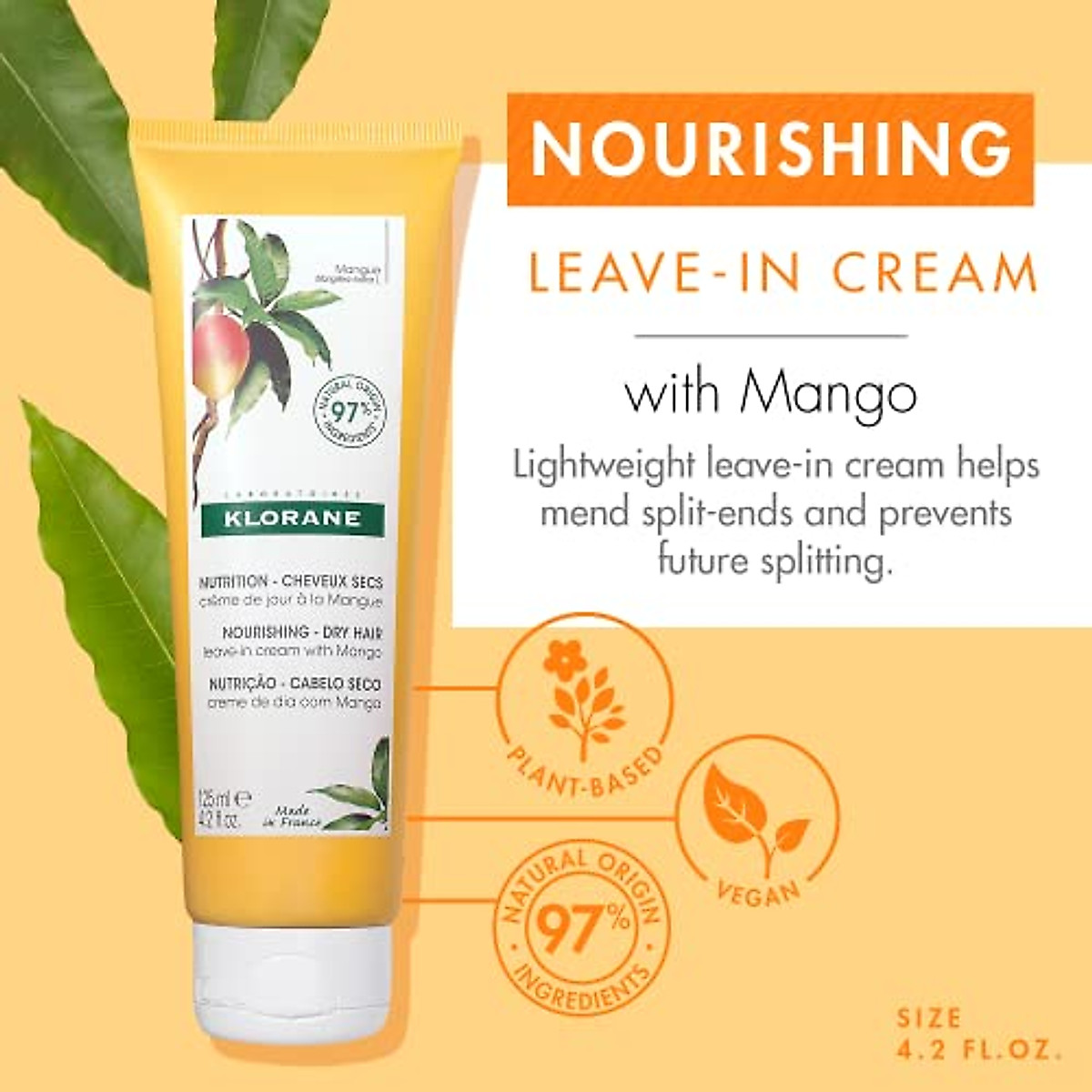 Klorane Nourishing Leave-in Cream with Mango Butter, Moisturize, Hydrate and Smoothe Dry Hair, Paraben, Silicone, Sulfate Free, 4.2 oz.