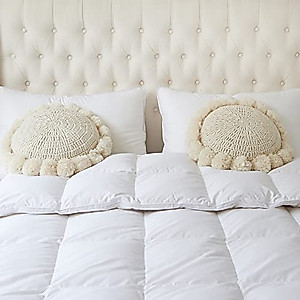 Boho Round Throw Pillow with Cute Handmade Pom Poms Tassels 18 Inch, Decorative Circular Knitted Crochet Cushion for Couch, Sofa, Chair, Bed, Beige