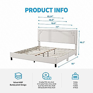Mjkone Cal-King Bed Frame| Platform Bed Frame Upholstered Velvet Backrest | Adjustable Tufting Headboard Bed Frame with Solid Wood Slats Support Easy Assembly-Beige