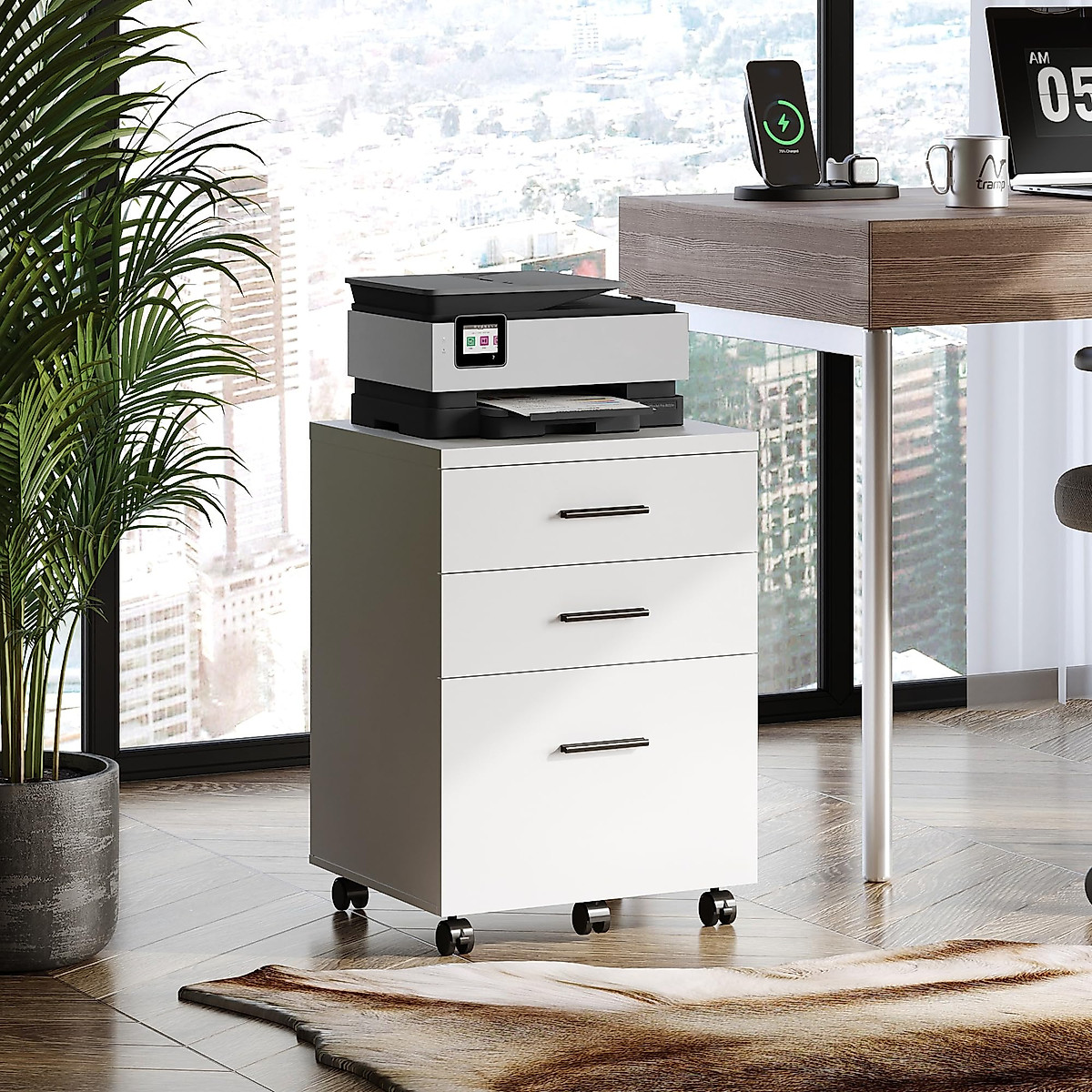 DEVAISE 3 Drawer File Cabinet for Home Office, Wood Under Desk Filing Cabinet, Rolling Printer Stand with Wheels, White