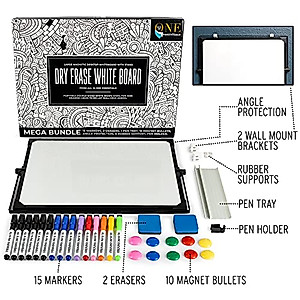 Double Sided Dry Erase Board with Stand - 16 X 12 Inch Desktop Whiteboard Comes with 15 Magnetic Markers, 10 Magnets, 2 Magnetic Erasers, Corner Protectors, Rubber Supports & More, Premium Black Frame