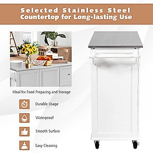 COSTWAY Kitchen Island cart on Wheels, Mobile Serving Cart w/Stainless Steel Countertop, 3 Drawers, 2-Door Cabinet, Adjustable Shelves, Towel Holder & Spice Rack, Utility Trolley on Wheels, White