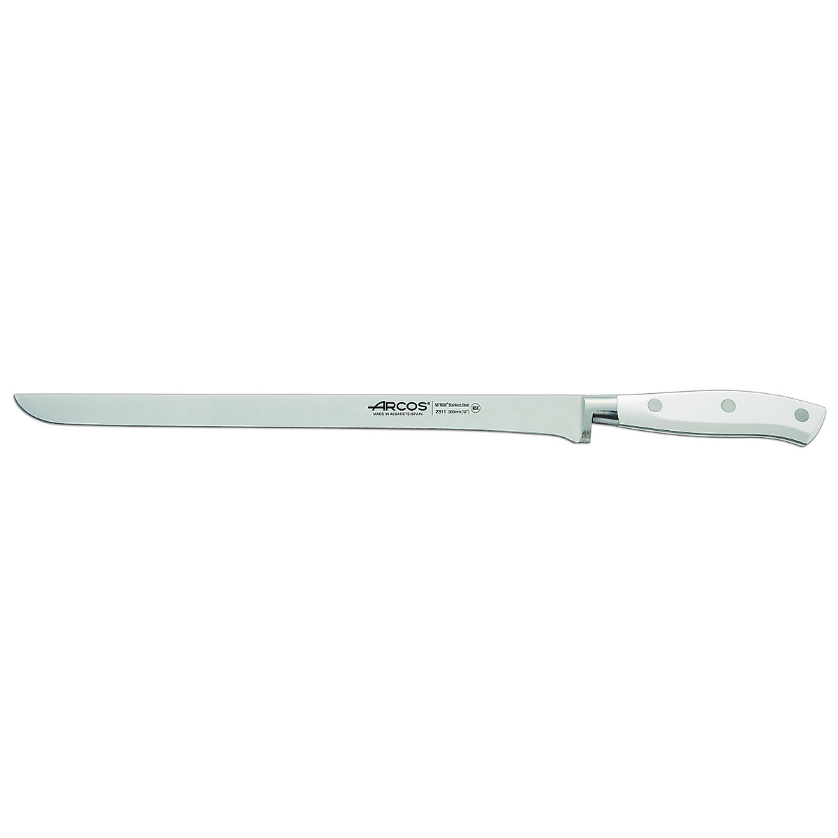 ARCOS Forged Slicing Knife / Ham Knife 12 Inch Nitrum Stainless Steel and 300 mm blade. Ergonomic Polyoxymethylene POM Handle. Series Riviera Blanc. Thin blade with a characteristic smooth edge. Color White.