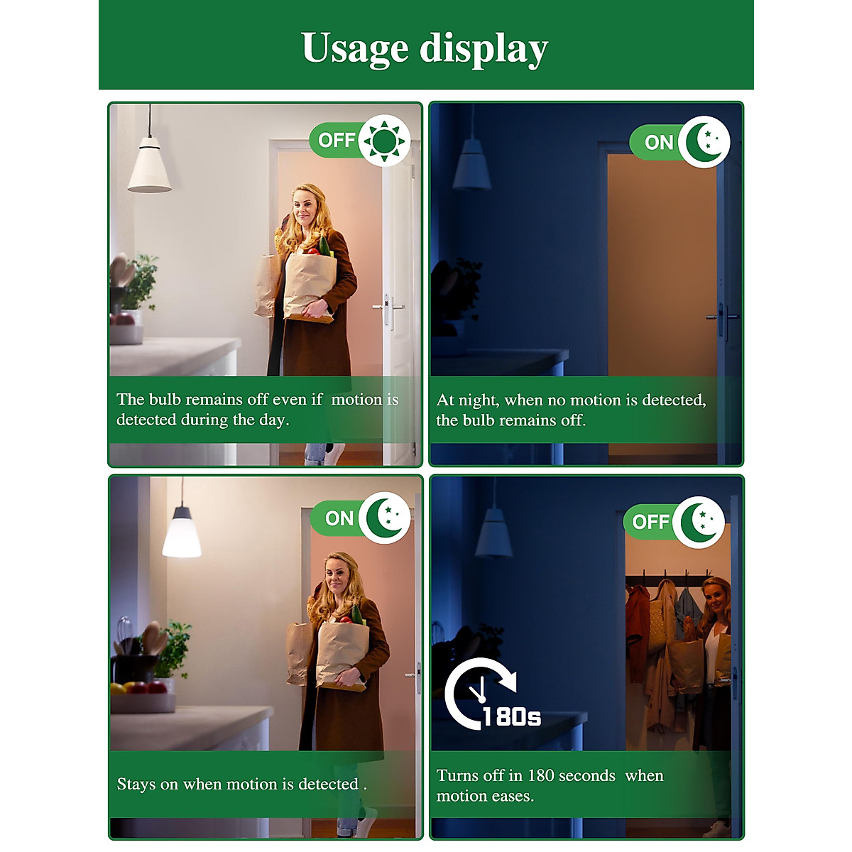 Motion Sensor Light Bulbs Outdoor, 9W (60 Watt Equivalent) 800LM, 4-Pack A19 Security LED Bulb 5000K Daylight White, E26 Motion Activated LED Bulb, for Front Door Porch Garage Basement Hallway