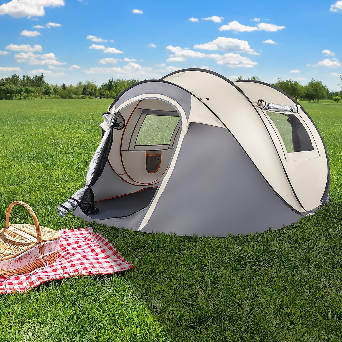 VINGLI Pop Up Camping Tent,Waterproof Automatic Setup -Instant Family Tents for Camping Hiking & Traveling, 110” x 79” x 48” (Grey)