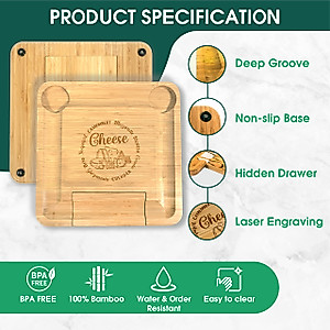 KITCHENVOY Bamboo Cheese Board Set with Slide-Out Drawer, Knife Set, Ceramic Bowls - Every Cheese Name - Charcuterie Boards Gift Set for Christmas, Birthday, Housewarming, Wedding - New Home Gift