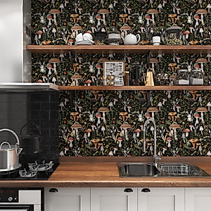 MILEPER Mushroom Wallpaper Peel and Stick Wallpaper Boho Black Wallpaper 17.7" x 78.8" Self Adhesive Removable Wallpaper Leaf Forest Wallpaper Mushroom Contact Paper for Countertops Decor