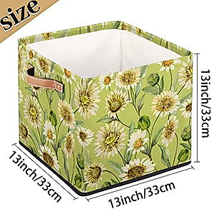 Daisy Leaves Large Collapsible Storage Bins,Daisy Flower Decorative Canvas Fabric Storage Boxes Organizer with Handles,Cube Square Baskets Bin for Home Shelves Closet Nursery Gifts