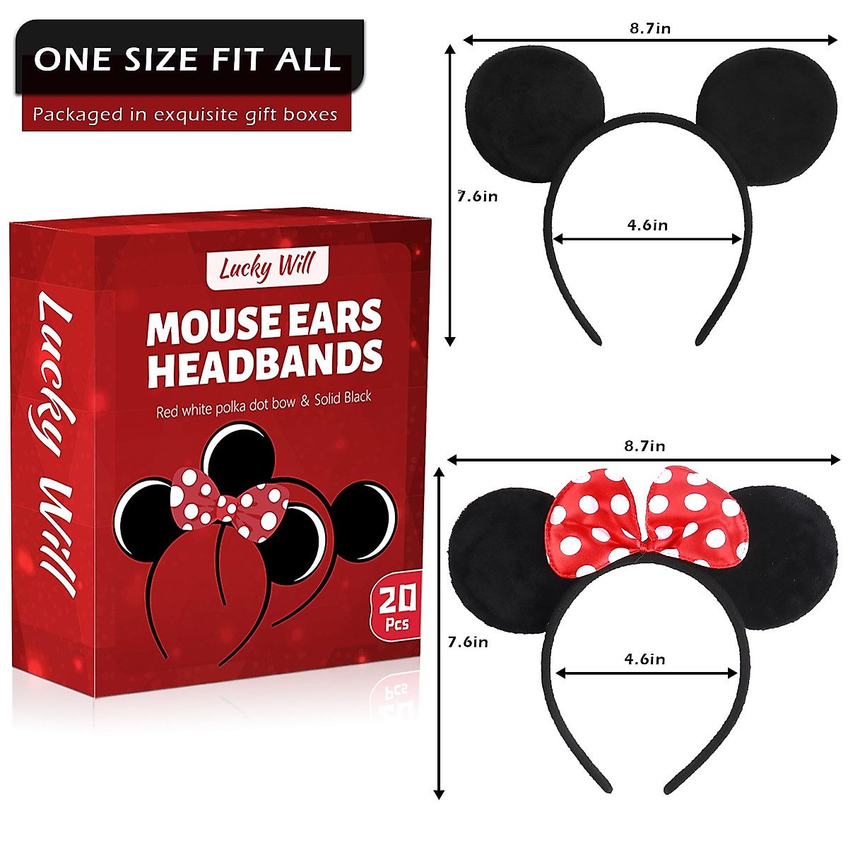 Lucky Will 20 Pack Mouse Ears Headband Classic Solid Black and Red Bow Ears Headbands Bulk for Kids and Adults - Boys & Girls Mouse Themed Birthday Party Supplies