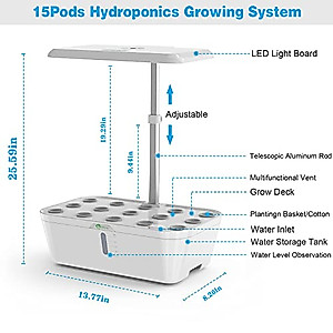 AMORNING Alexa-WiFi Control APP 15Pods 7.5L Hydroponics Growing System Water Tank,Smart Indoor Garden LED Grow Light Included Seeds Built-in Fan,Pump,Up to 19.3"