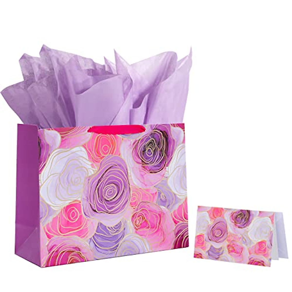 13" Large Gift Bag with Tissue Paper and greeting Card envelope for Women's Birthday, Bridal showers,Wedding gift (Purple Flower)
